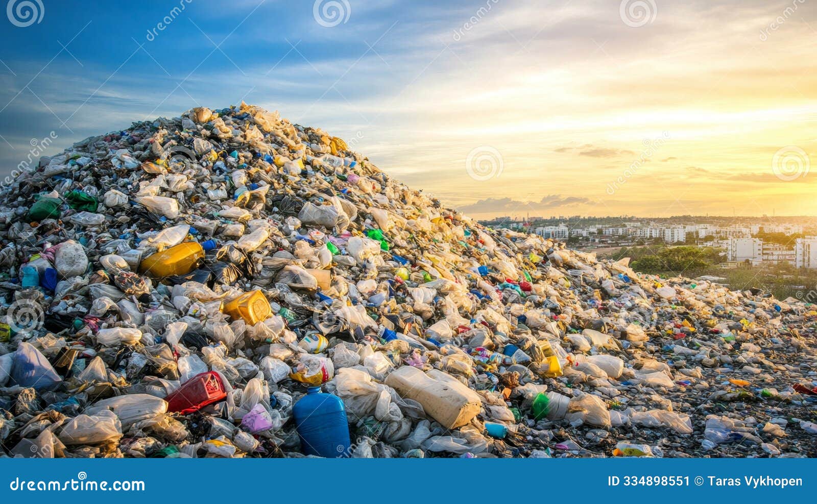 Overflowing Plastic Waste at a Dump Under a Sunset, Showcasing ...