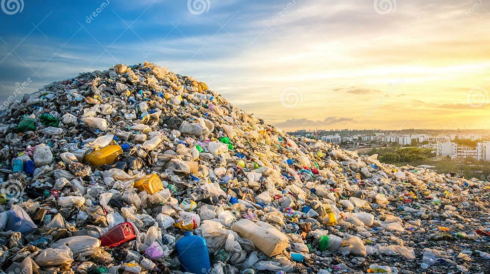 Overflowing Plastic Waste at a Dump Under a Sunset, Showcasing ...