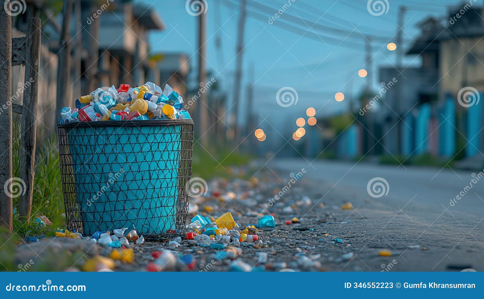 Overflowing Recycling Bin on Street, Highlighting Waste Management ...