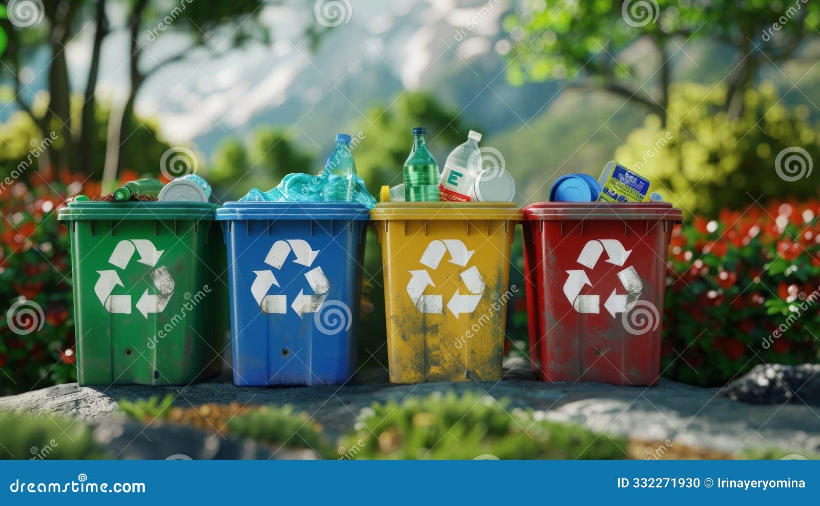Overflowing Recycling Bins in Front of a World Map, Symbolizing Global ...