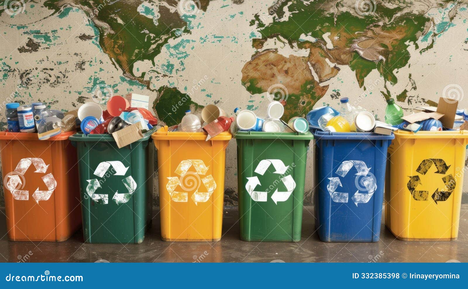 Overflowing Recycling Bins in Front of a World Map, Symbolizing Global ...