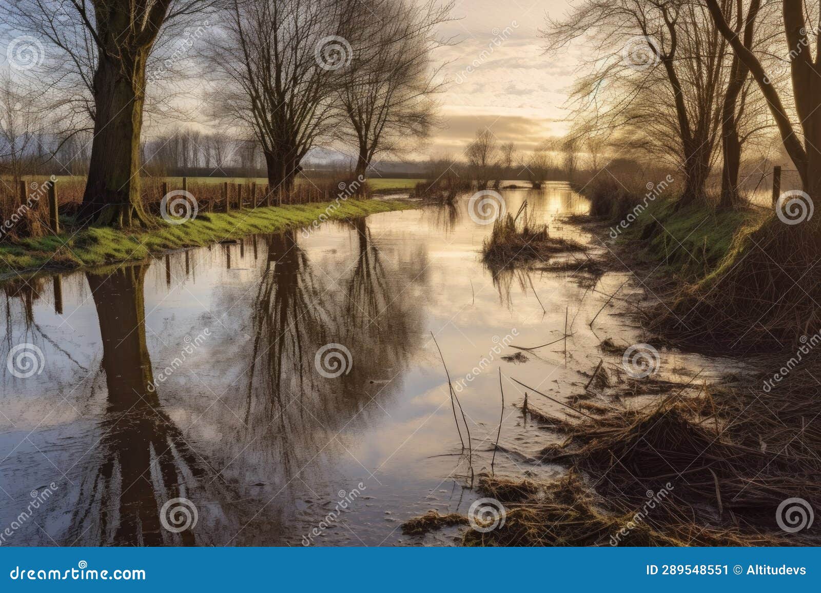 Overflowing River Banks Near Submerged Fields Stock Image - Image of ...