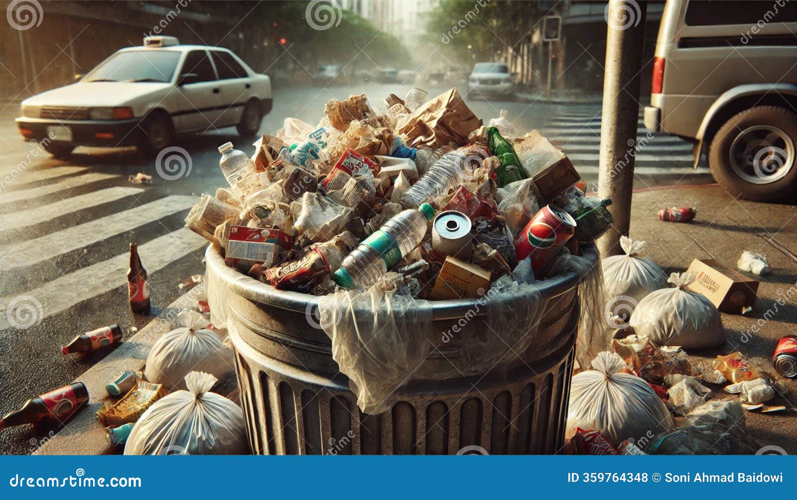 Overflowing Trash Can On Stone Pavement Background.The Plastic ... Overflowing Trash Can On Stone Pavement Background.The Plastic ...