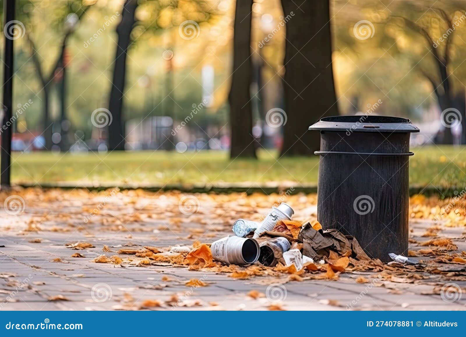 Overflowing Trash Can in the City Park, with Litter Scattered on the ... Overflowing Trash Can in the City Park, with Litter Scattered on the ...