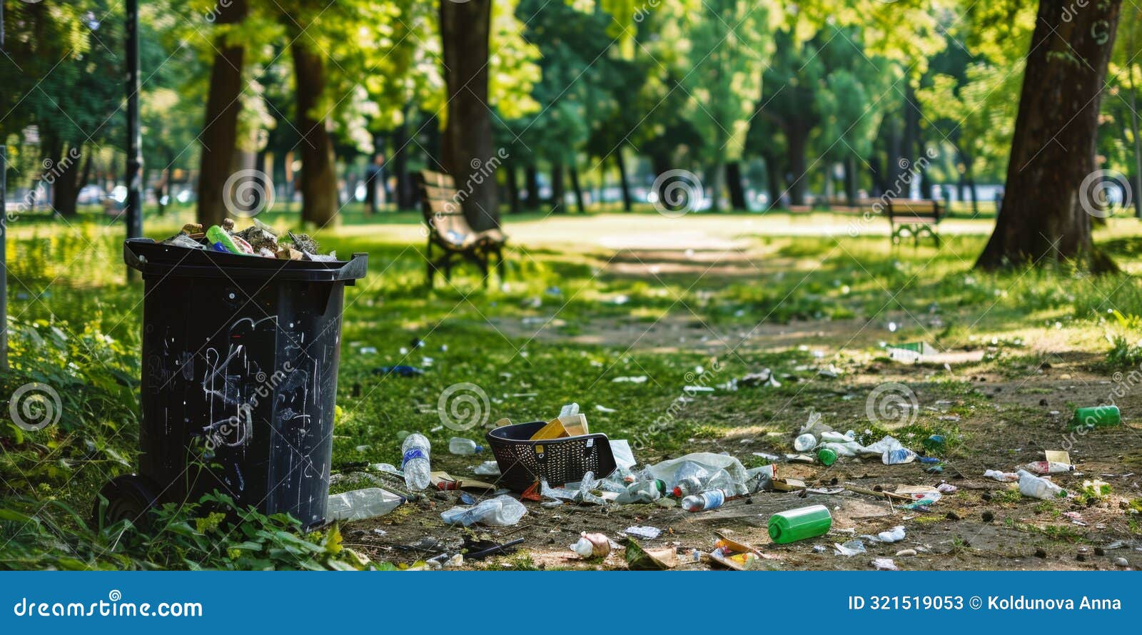 Trash Can in a Public Park, with Litter Scattered Around it Created ...