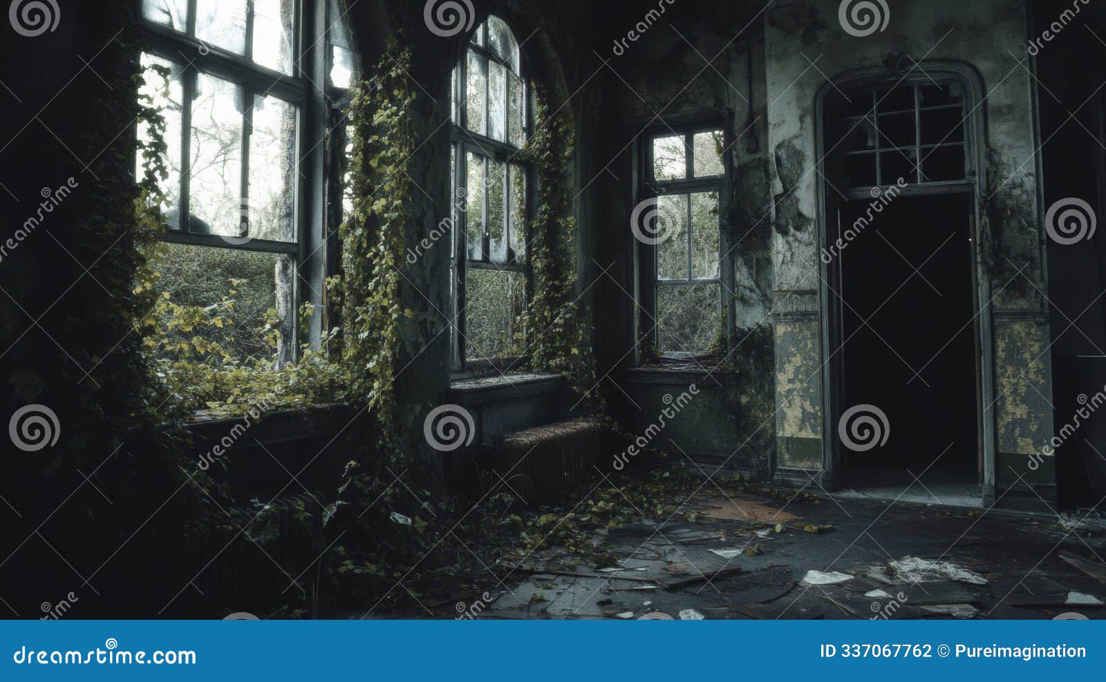 Overgrown Abandoned Room with Windows and a Doorway Stock Illustration ...