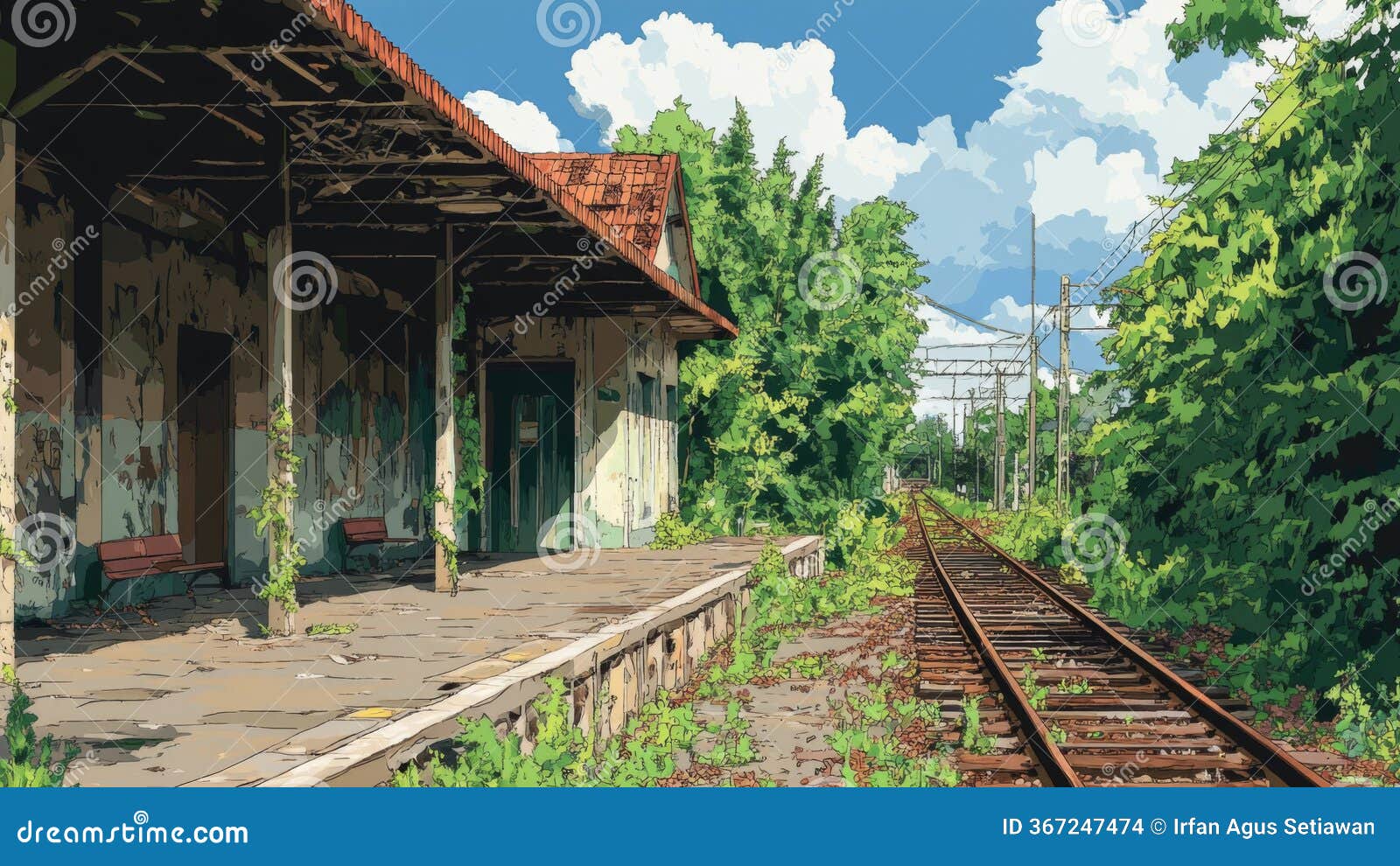 Abandoned Train Station With Old Train Wagons On Railway Tracks Stock ...