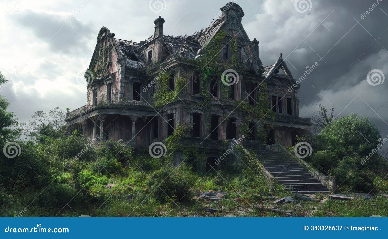 Overgrown and Abandoned Victorian Mansion with Stone Steps Stock ...