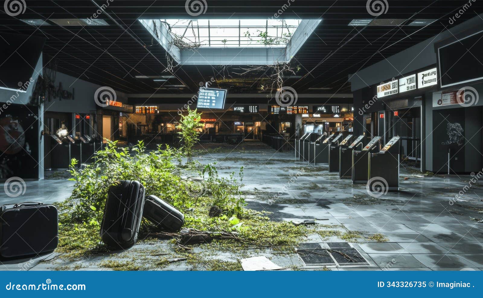 Overgrown Interior of an Abandoned Airport Terminal Stock Illustration ...