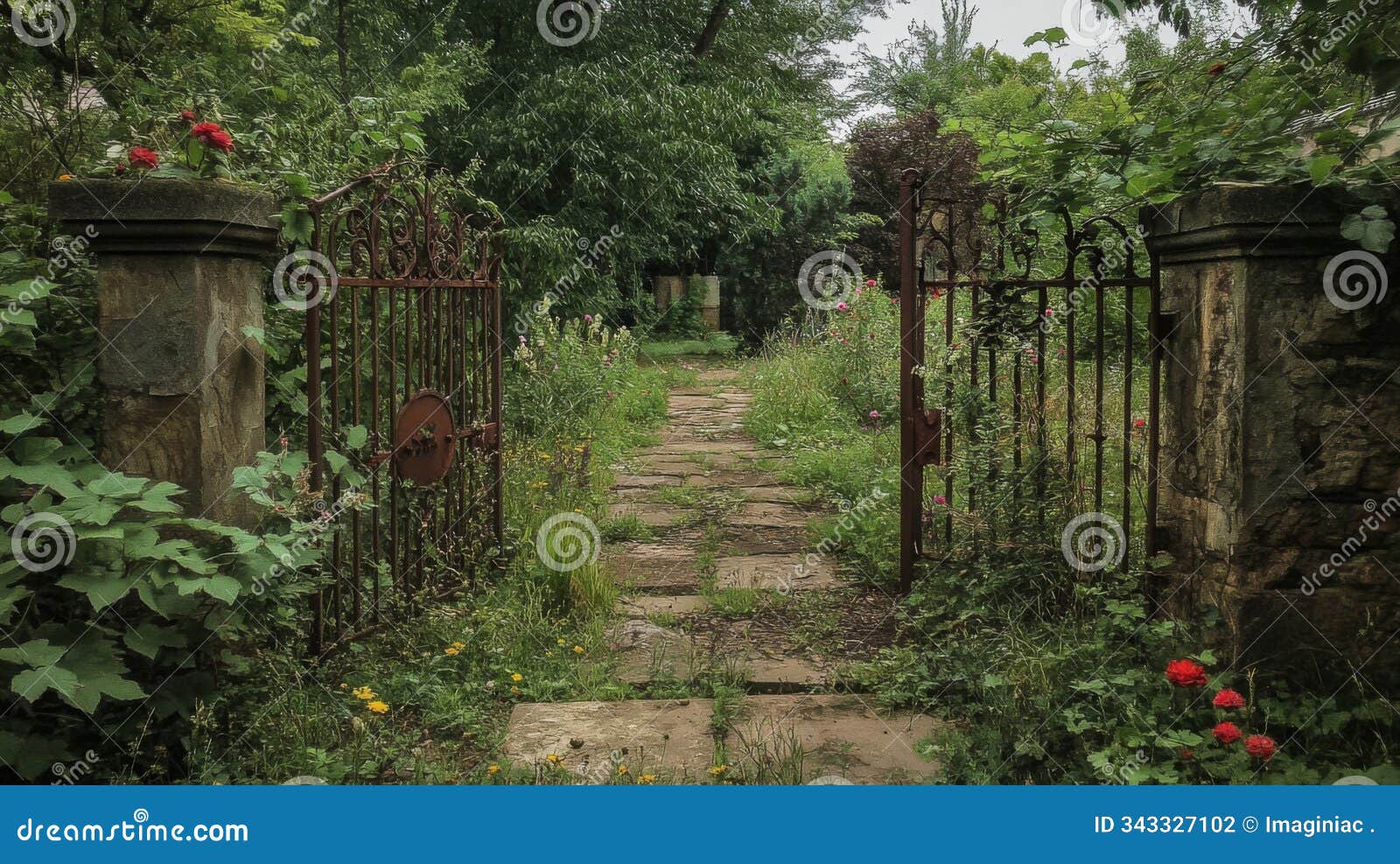 Overgrown Pathway Leading through Stone Gates in a Lush Garden Stock ...