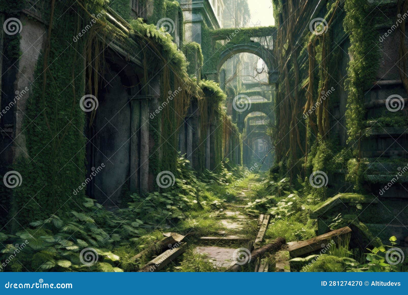 Overgrown Pathways Leading To a Forgotten City Stock Illustration ...
