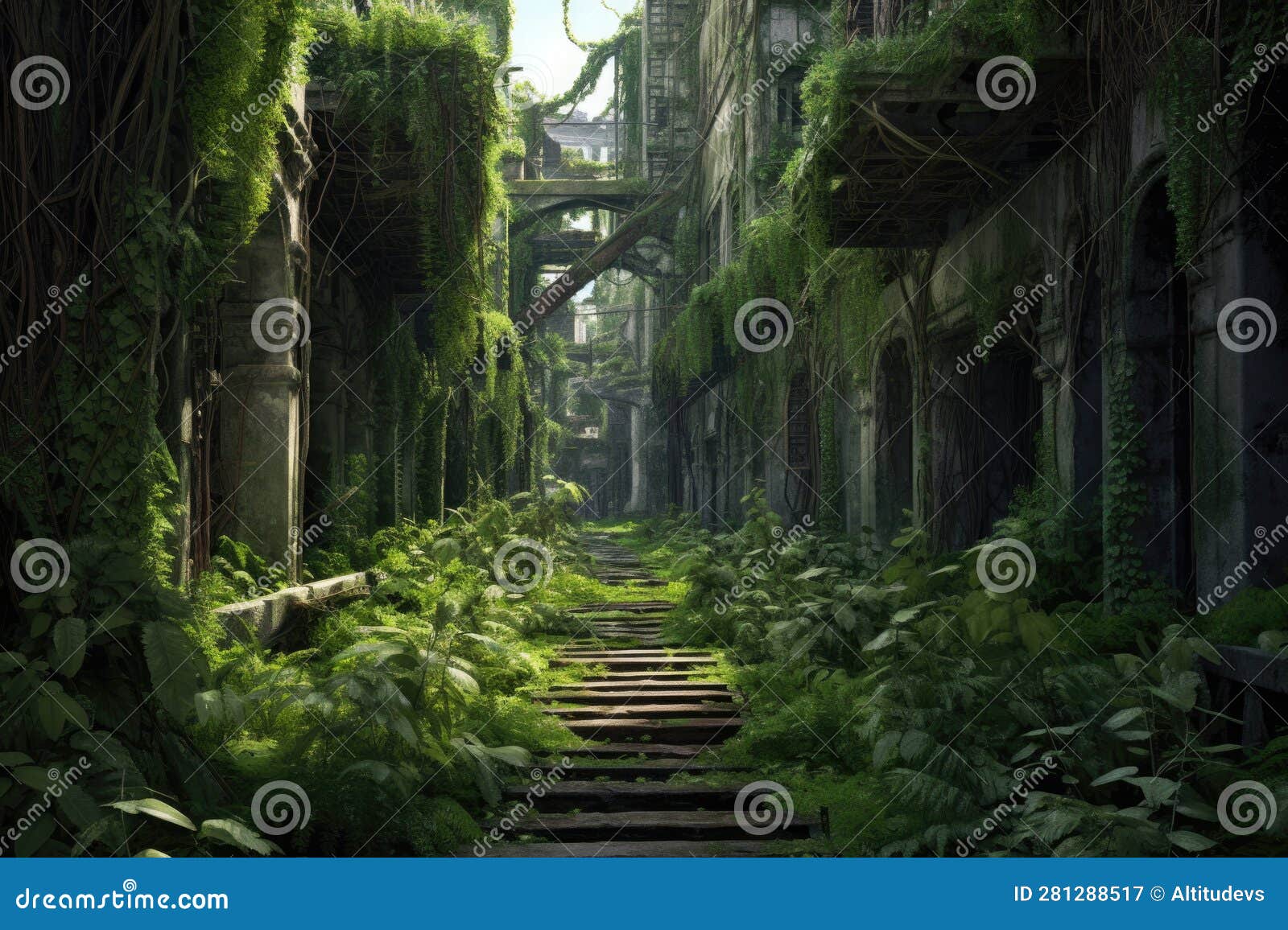 Overgrown Pathways Leading To a Forgotten City Stock Illustration ...