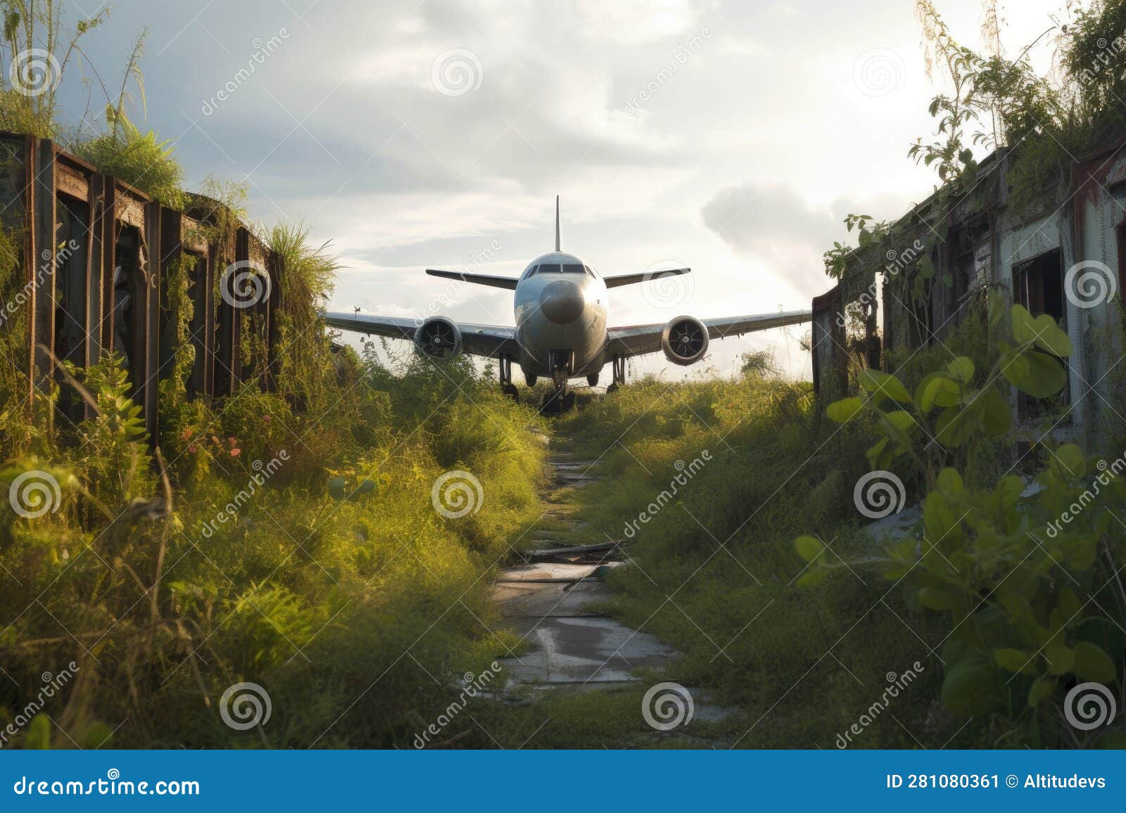 Overgrown Runway Leading To Airplane Graveyard Stock Illustration ...