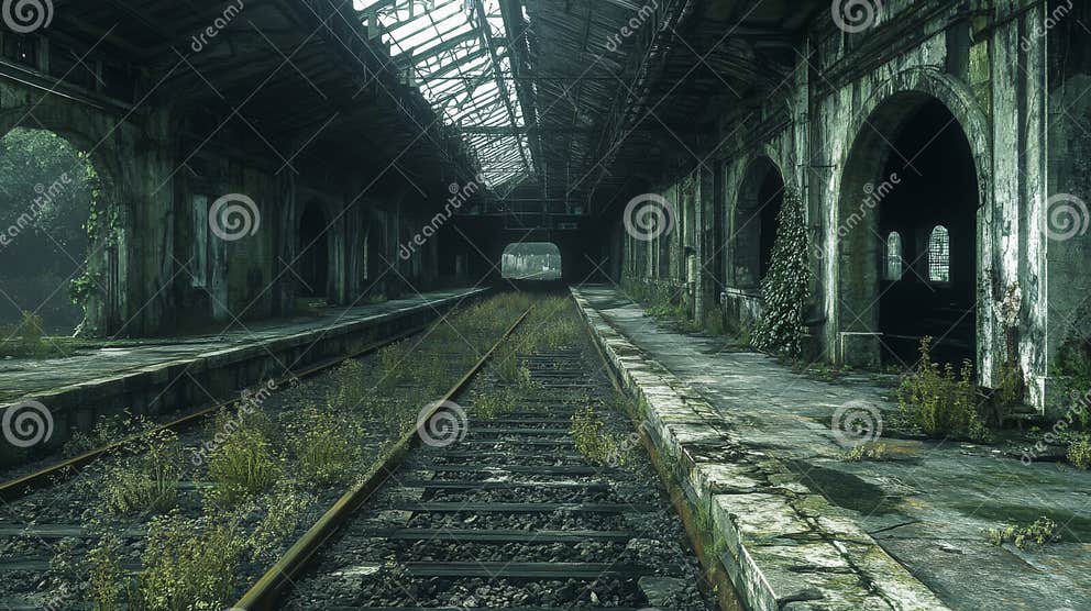 Overgrown Train Station Platform with Tracks and Arches Stock ...