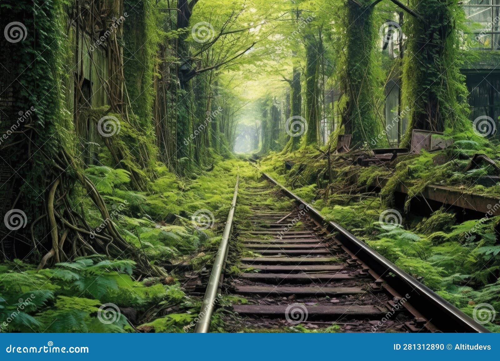 Overgrown Train Tracks in a Forest Setting Stock Illustration ...