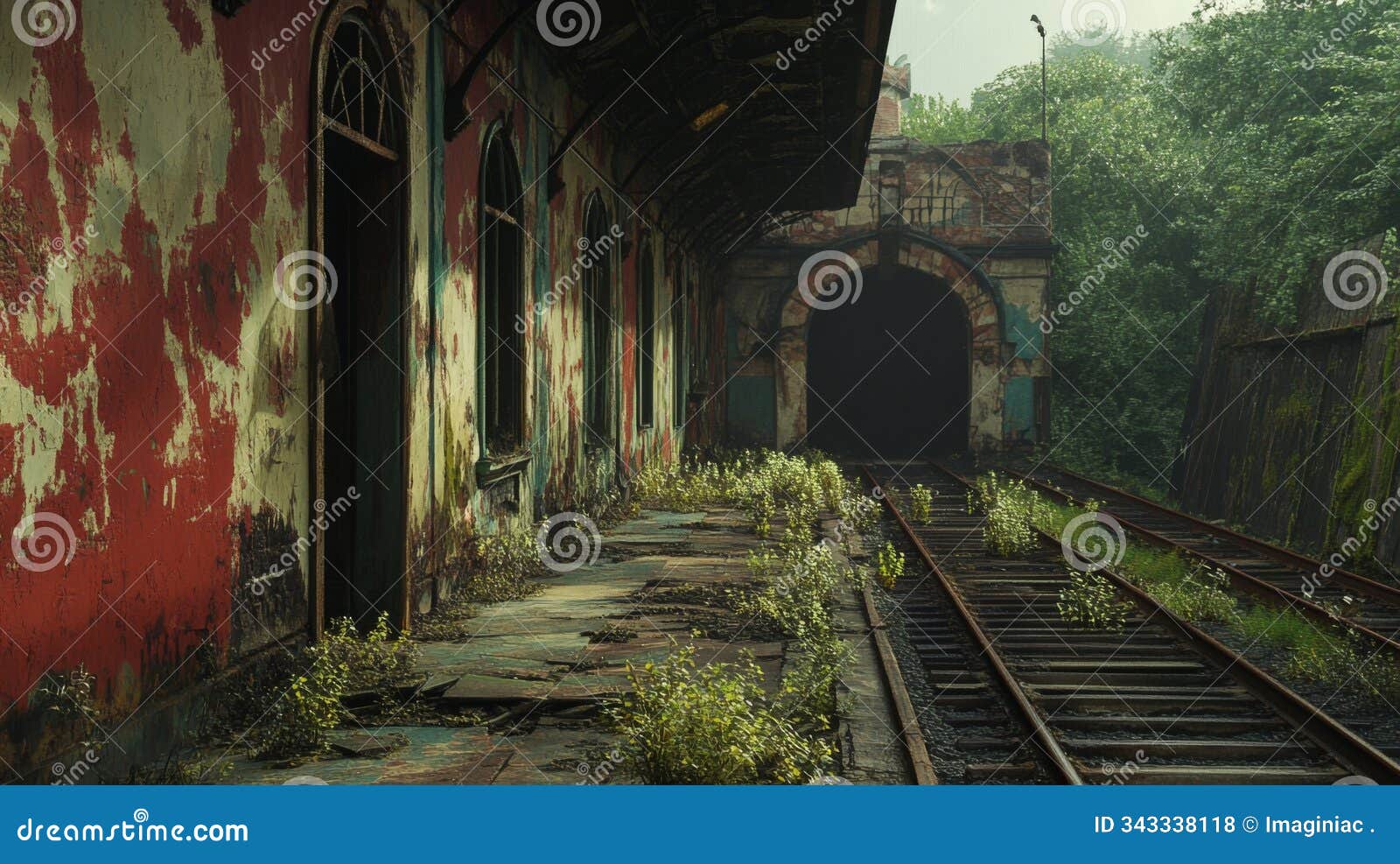 Overgrown Train Tracks Leading through a Dark Tunnel in an Abandoned ...