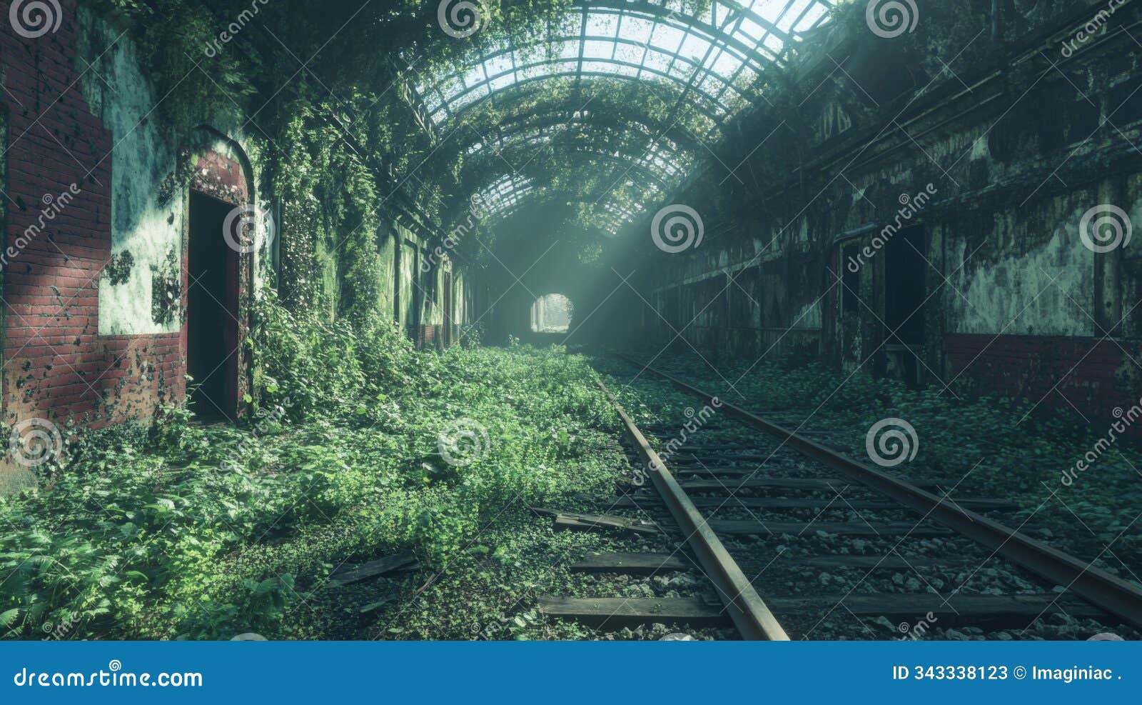 Overgrown Train Tracks Leading through a Ruined Structure Stock ...