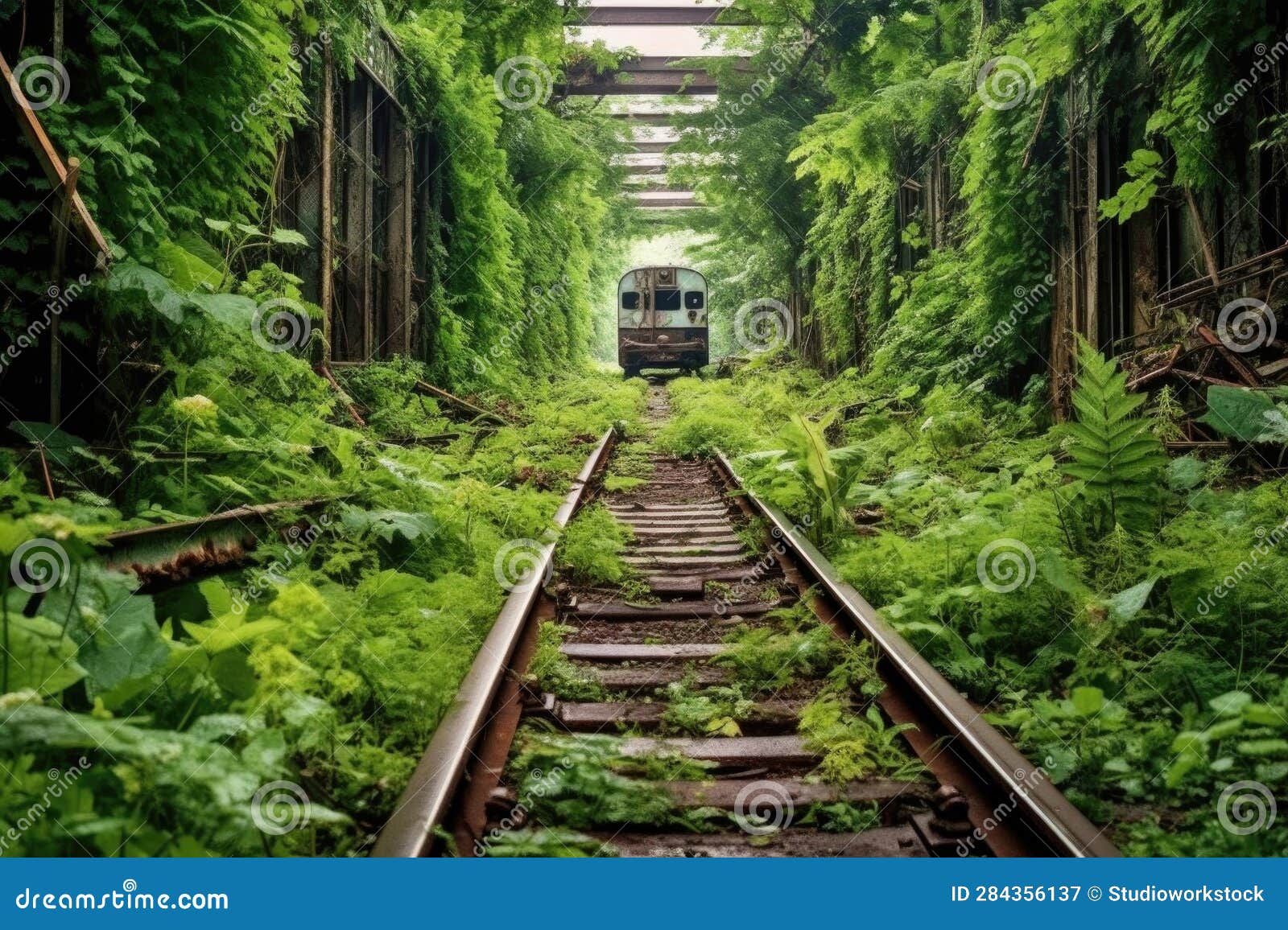 Overgrown Train Tracks Leading To Derailed Train Royalty-Free Stock ...