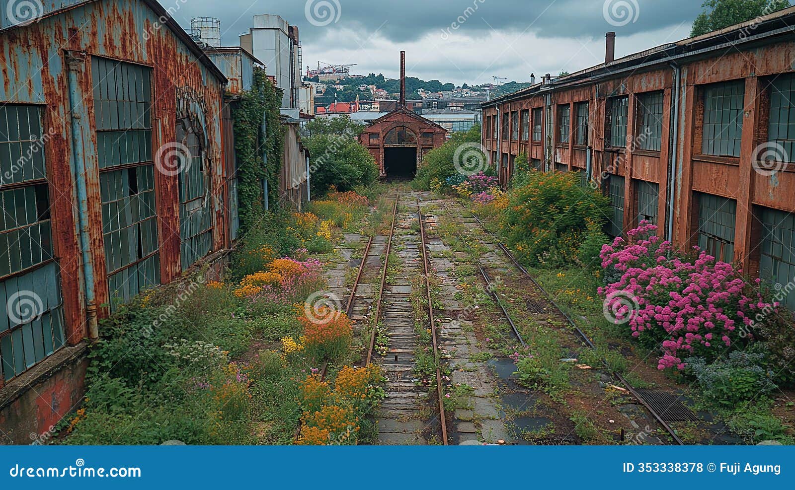 Overgrown Train Tracks between Rusty Abandoned Industrial Buildings ...