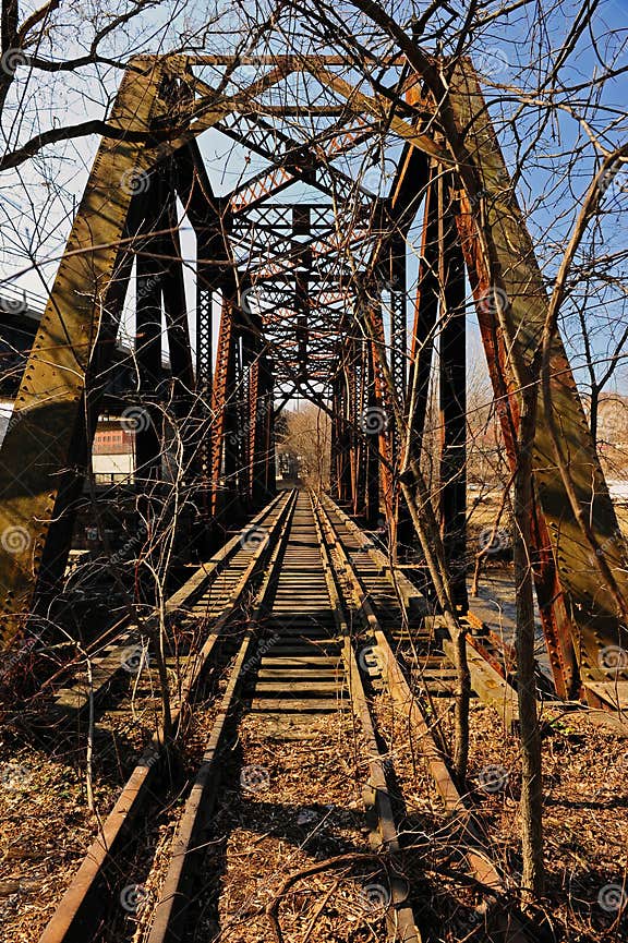 Overgrown Train Tracks and Rusty Bridge. Stock Image - Image of ...