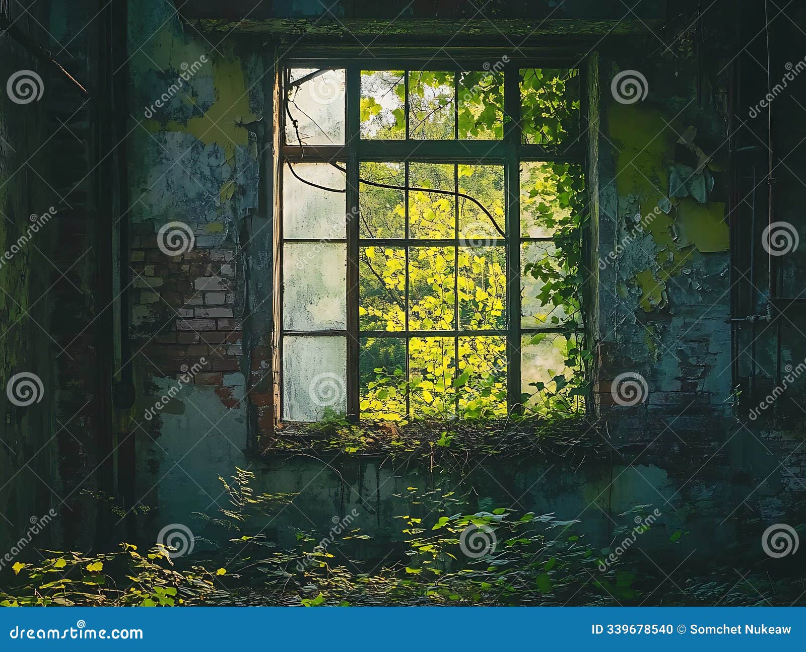 Overgrown Window in Abandoned Building with Green Foliage Stock ...