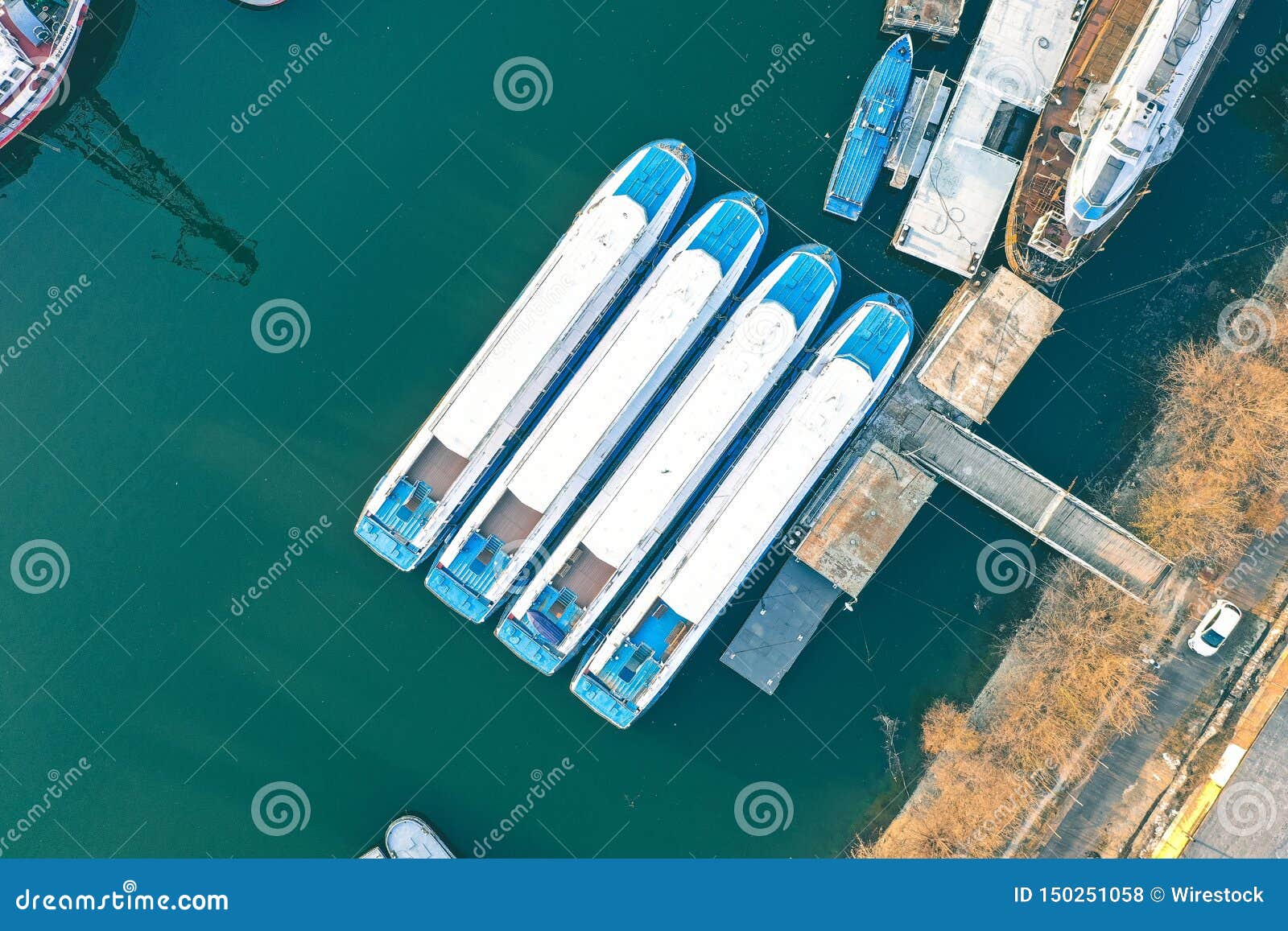 Overhead Aerial Shot of Large Container Ships Docked at Coast Stock ...
