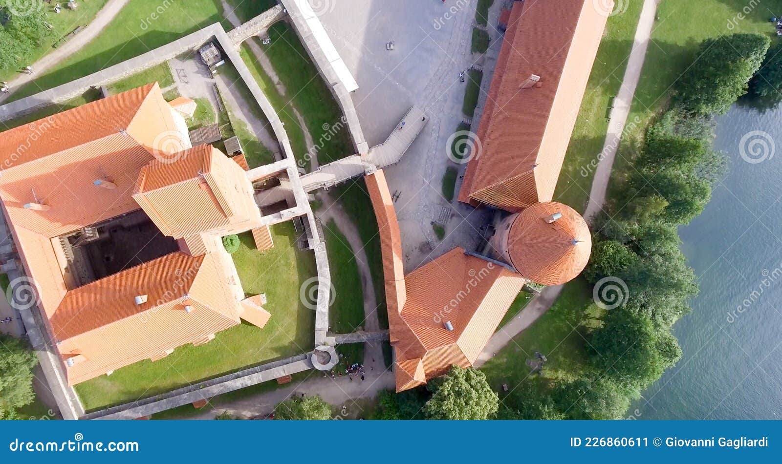 Overhead Aerial View of Ancient Castle Surrounded by Water Stock Image ...