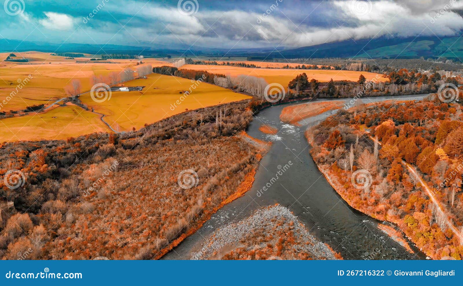 Overhead Aerial View of a River Across a Valley - Drone Viewpoint Stock ...