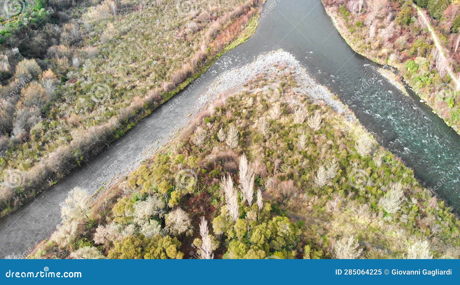 Overhead Aerial View of a River Across a Valley - Drone Viewpoint Stock ...