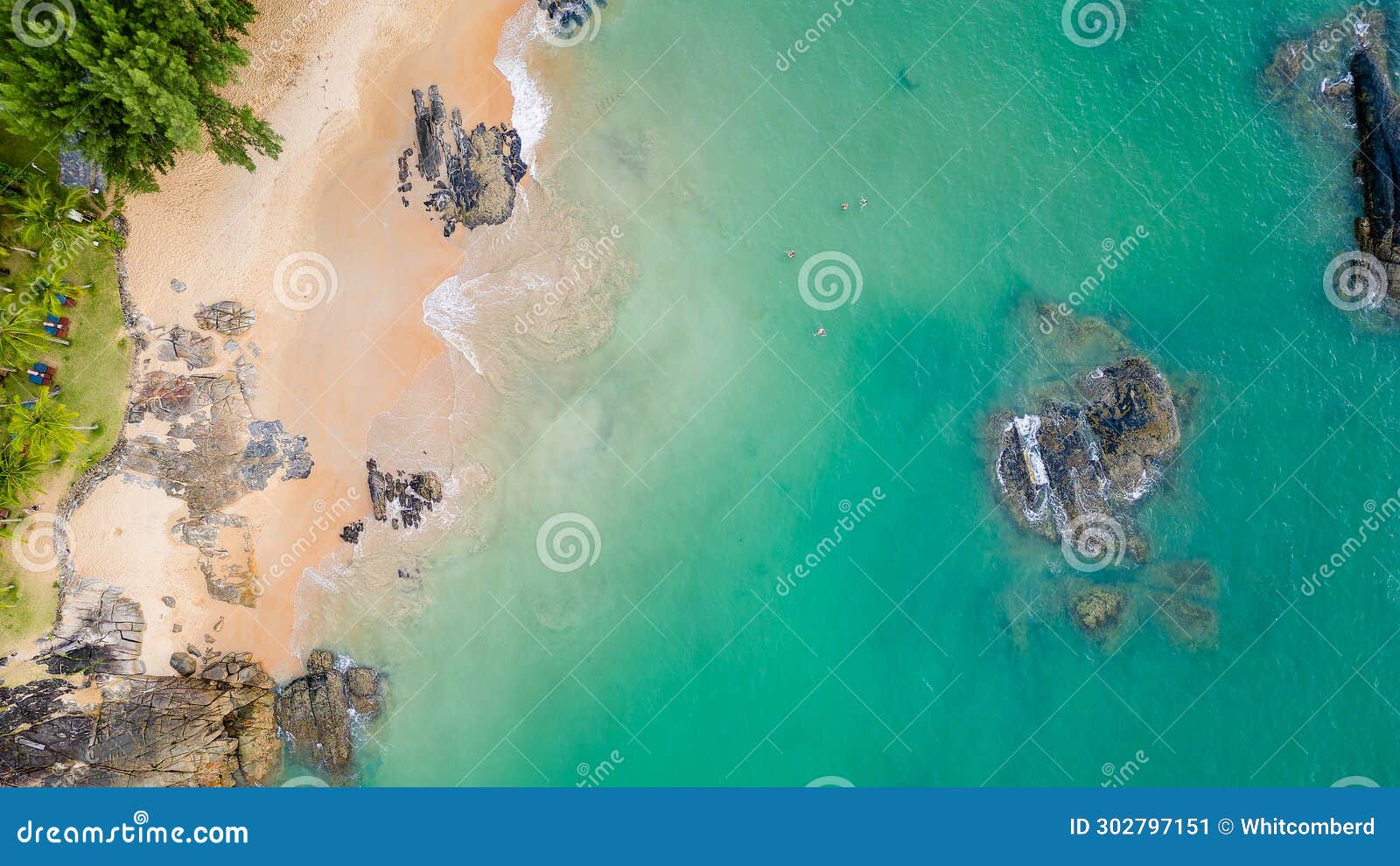 Overhead Aerial View of a Small, Sandy Tropical Beach and Shallow Ocean ...