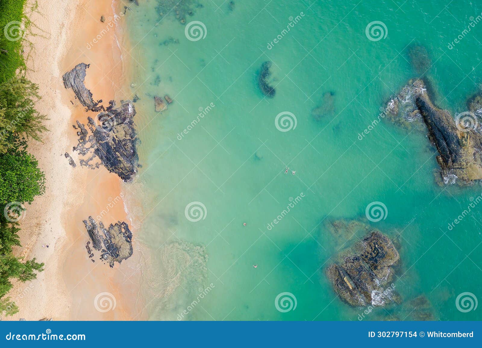 Overhead Aerial View of a Small, Sandy Tropical Beach and Shallow Ocean ...