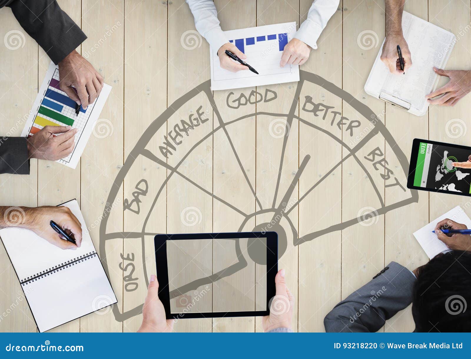 Overhead of Business Team with Cream Wood Panel and Dial Doodle Stock ...