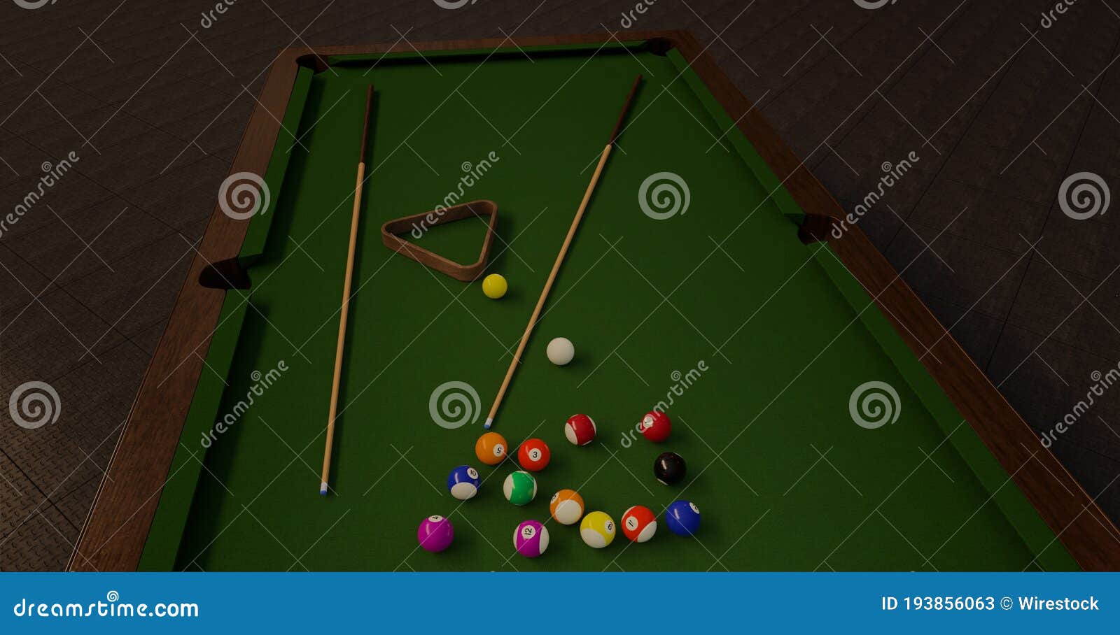 Overhead 3D Render of a Billiards Table Wit Balls and Cue Sticks Stock ...
