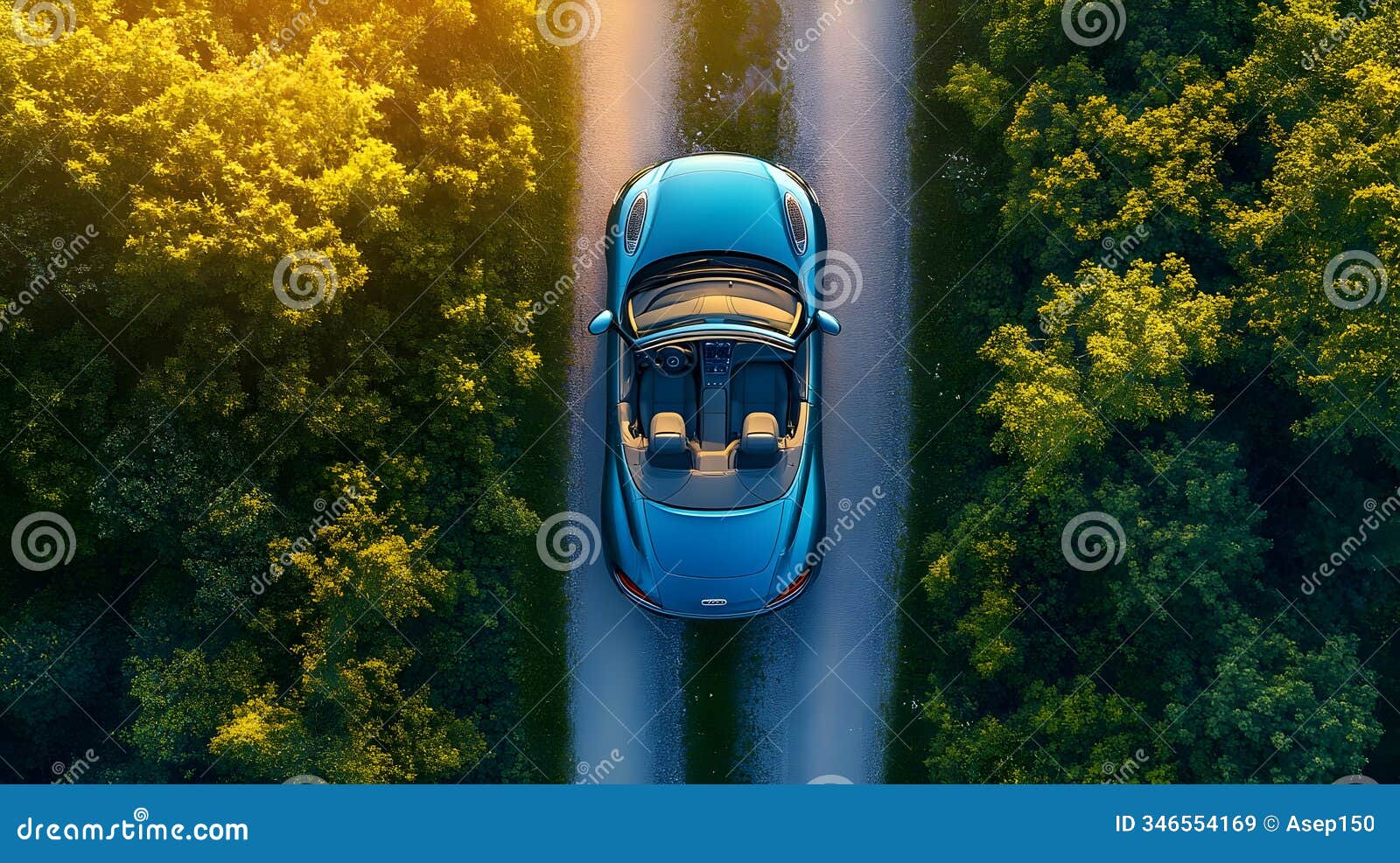 Overhead 3D Render of Blue Convertible on Road Stock Illustration ...