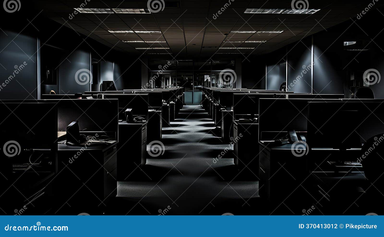 Dark Office Room Interior With Empty White Poster, Four Desktops Royalty-Free Stock Image ...