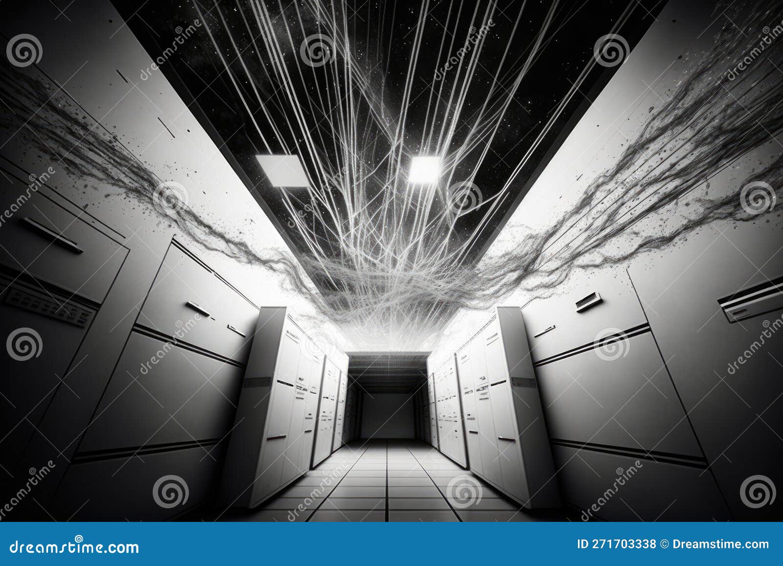 Overhead in the Data Center, a Digital White Earth Network Flies Stock ...