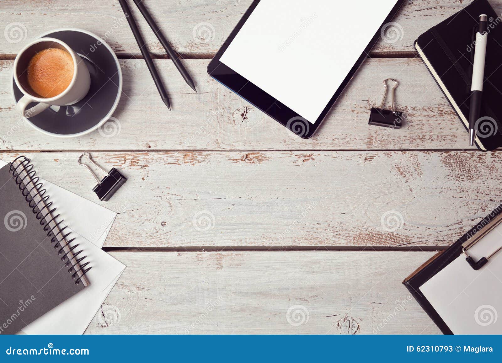 Overhead Desk with Digital Tablet, Notebook and Coffee Cup. Workplace ...
