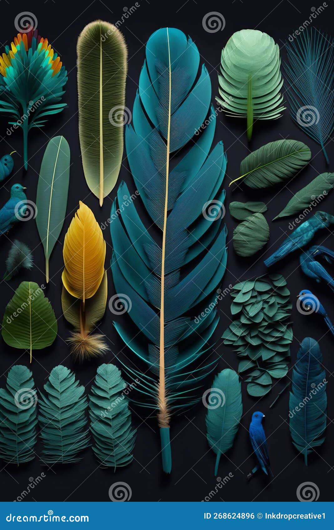 Overhead Flat Lay Composition of Exotic Colourful Bird Feathers ...