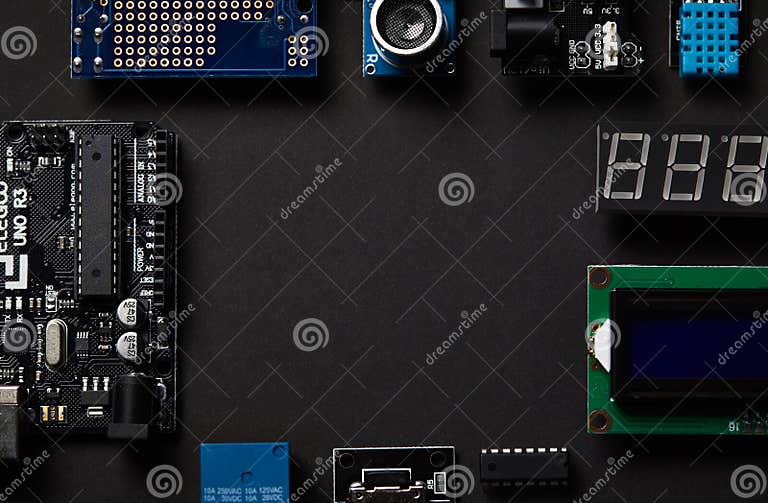 Overhead Flat Lay Shot of Electronic Computer Components on Black ...