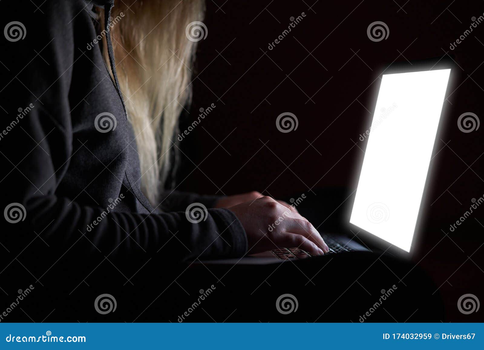 Overhead Hacker in the Hood Working with Laptop Typing Text in the ...