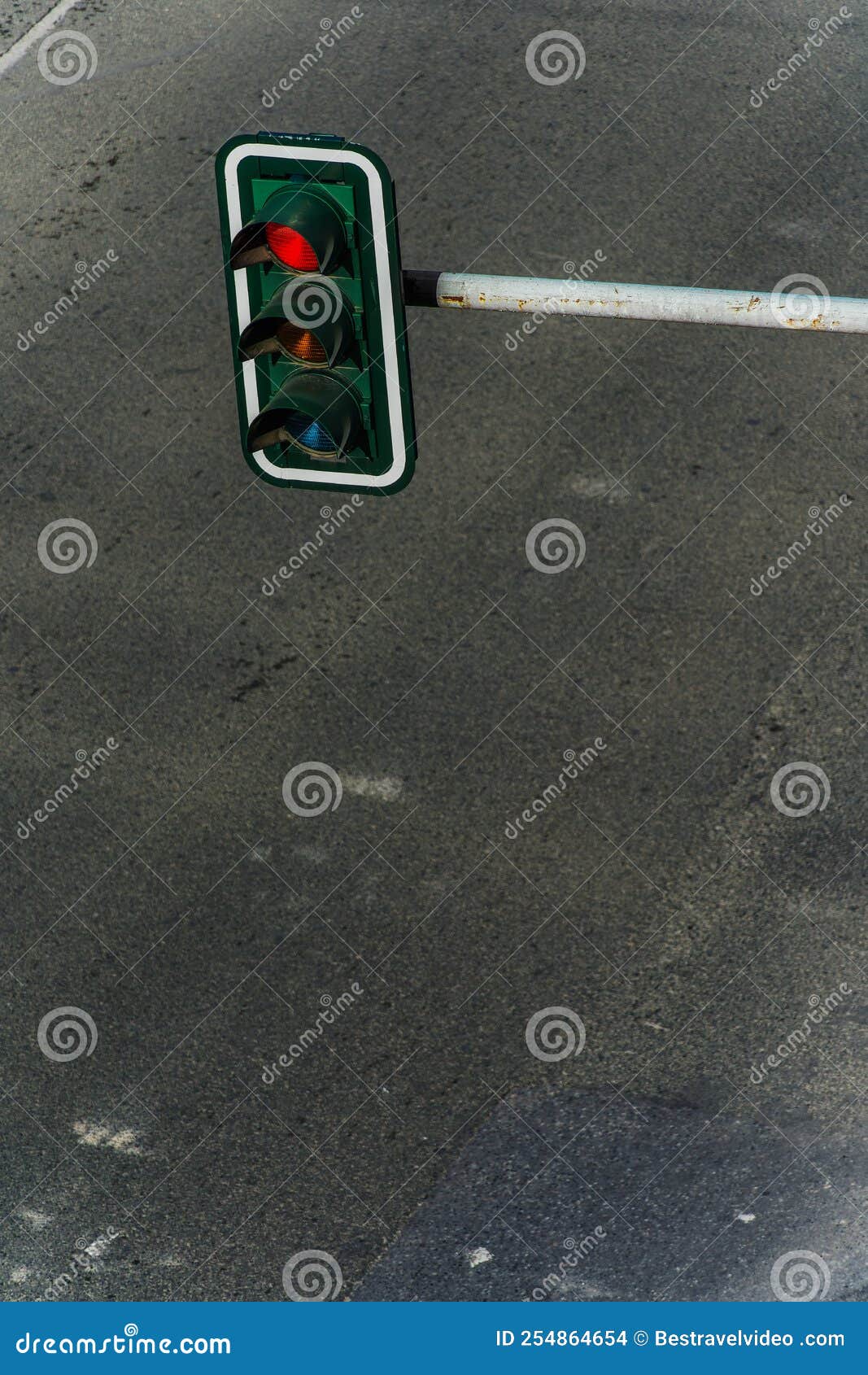 Overhead Hanging Traffic Light Above an Empty Asphalt Road Stock Photo ...