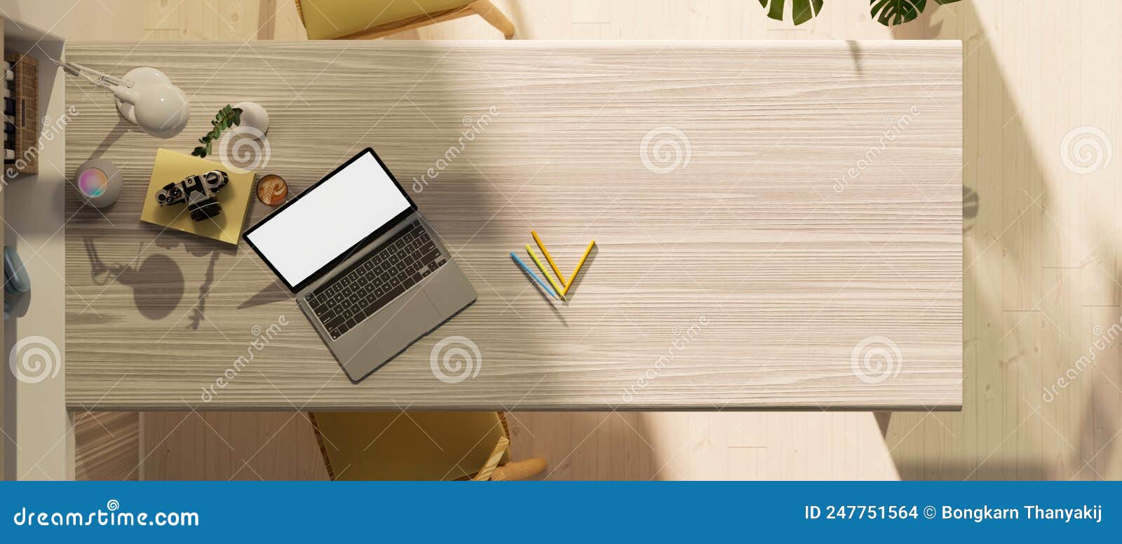 Overhead Image, Modern Workspace with Laptop and Copy Space on Wooden ...