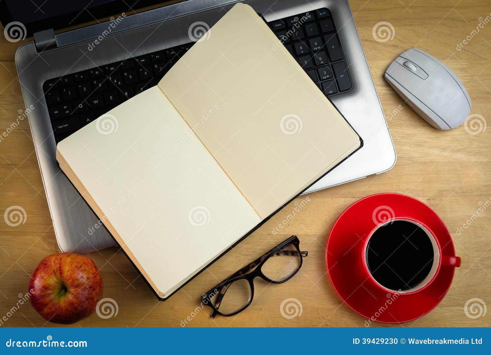 Overhead of Laptop with Notebook Stock Photo - Image of wireless ...