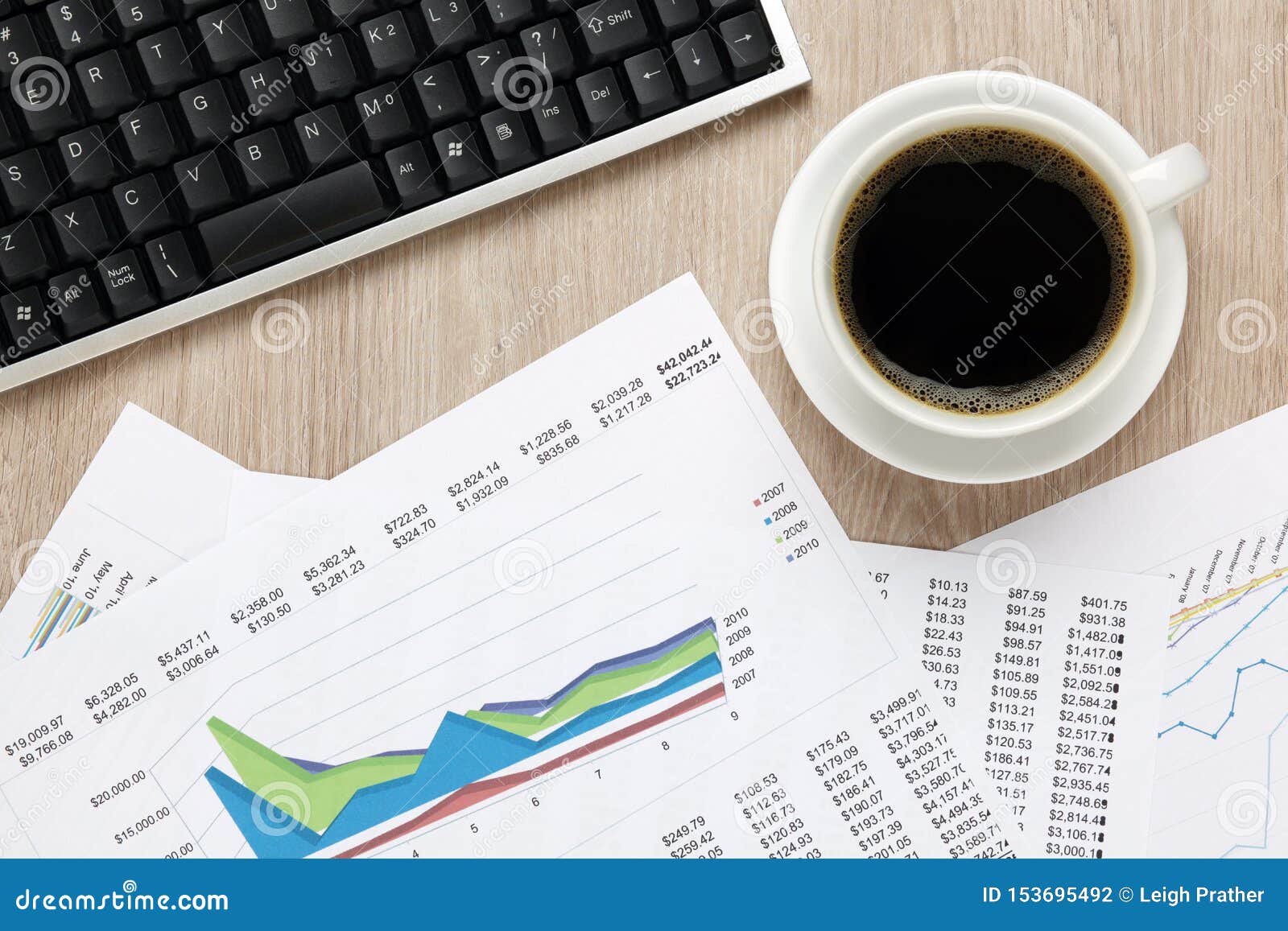 Overhead of Office Desk with Coffee and Paperwork Stock Photo - Image ...