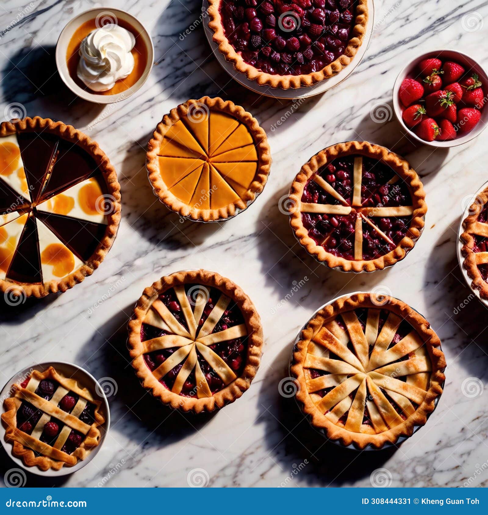 Overhead Photo of Different Pies, Tarts, and Deserts on White Marble ...