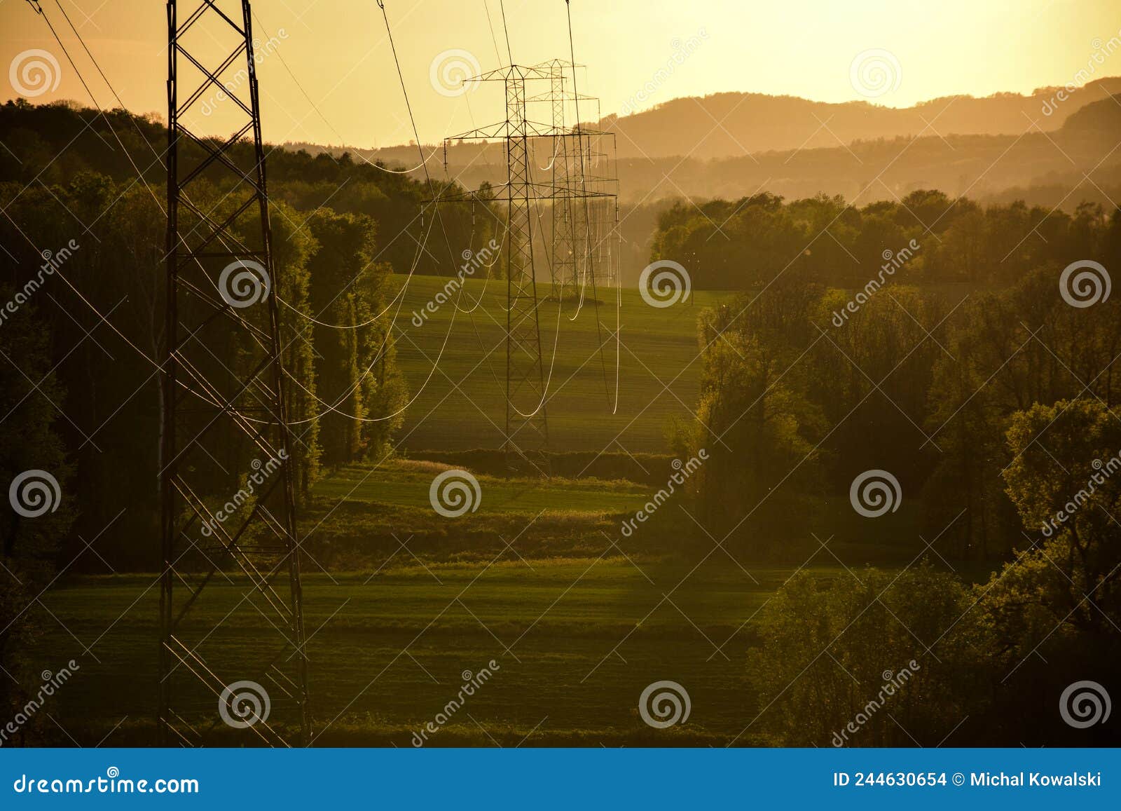 Overhead Power Lines through Fields and Forests Stock Photo - Image of ...