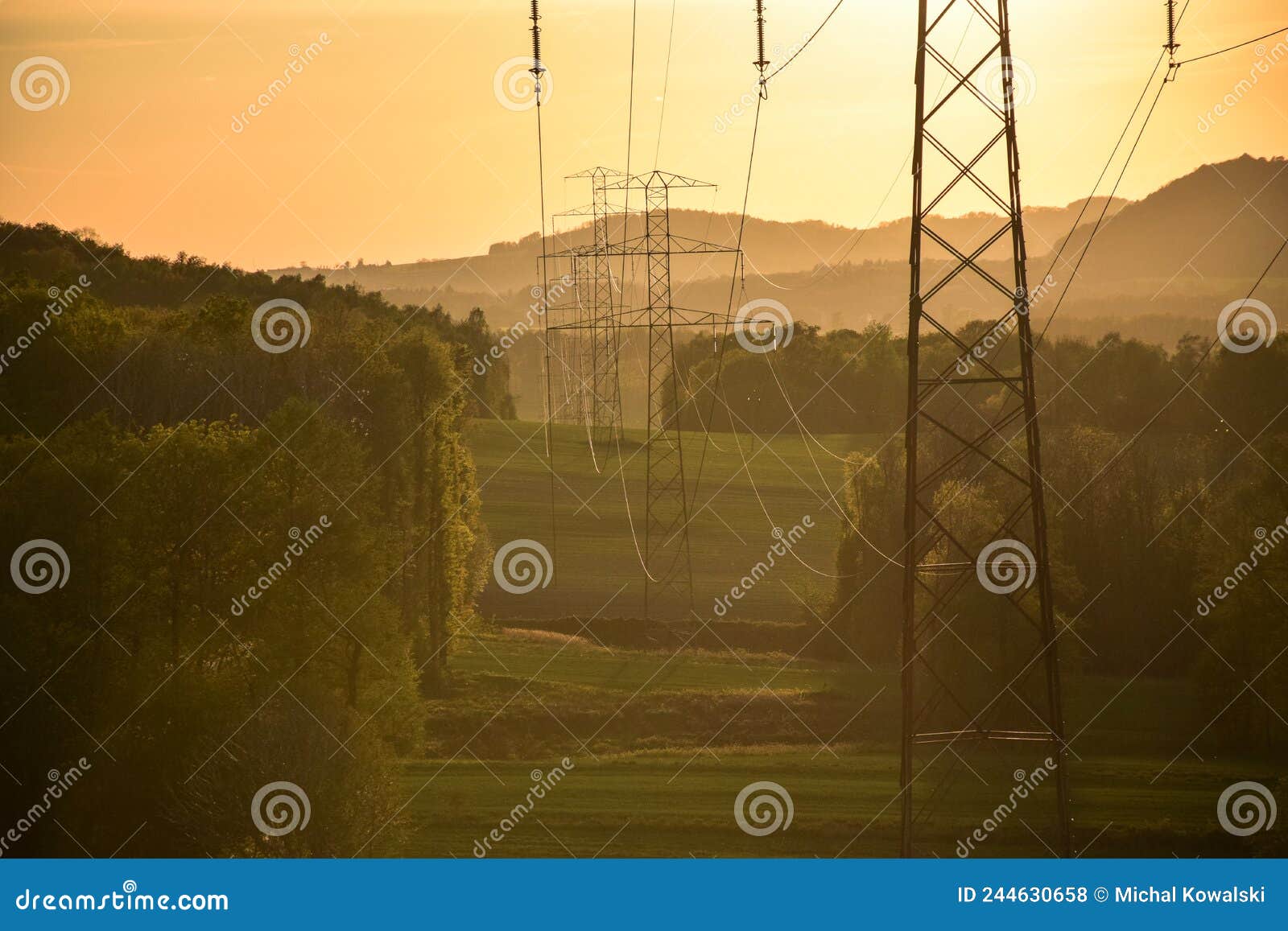 Overhead Power Lines through Fields and Forests Stock Photo - Image of ...