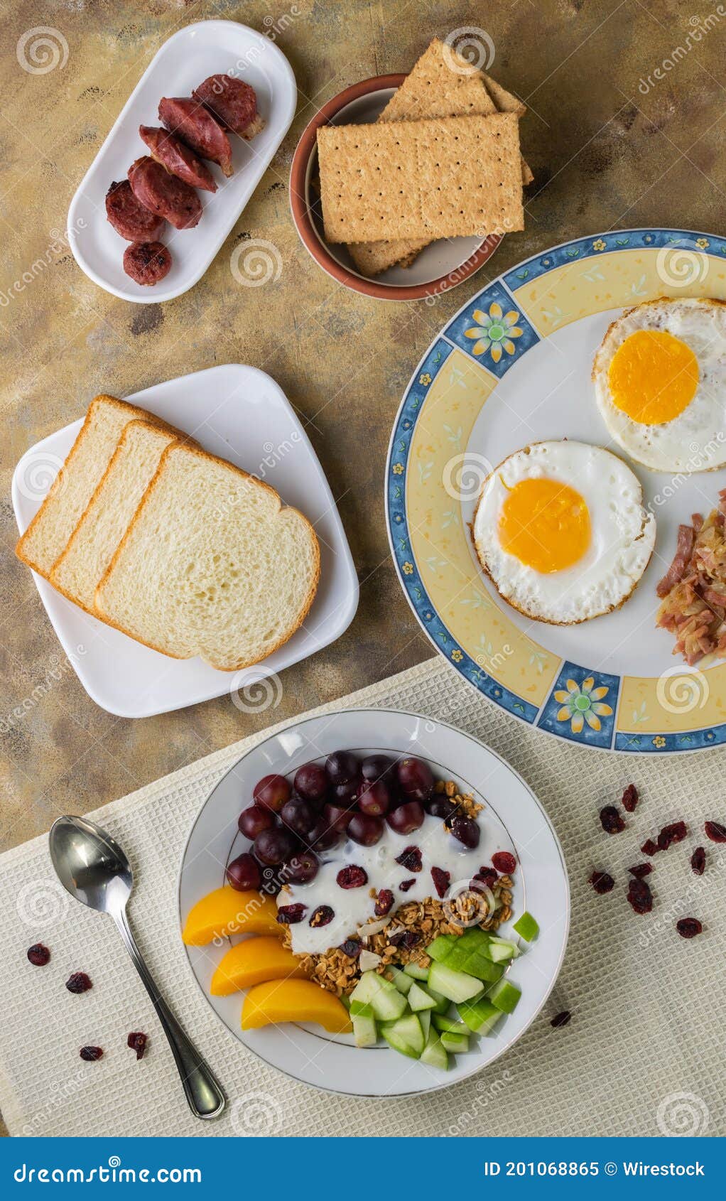 Overhead Shot of a Breakfast Spread Composed of Eggs, Fruits, Bread ...