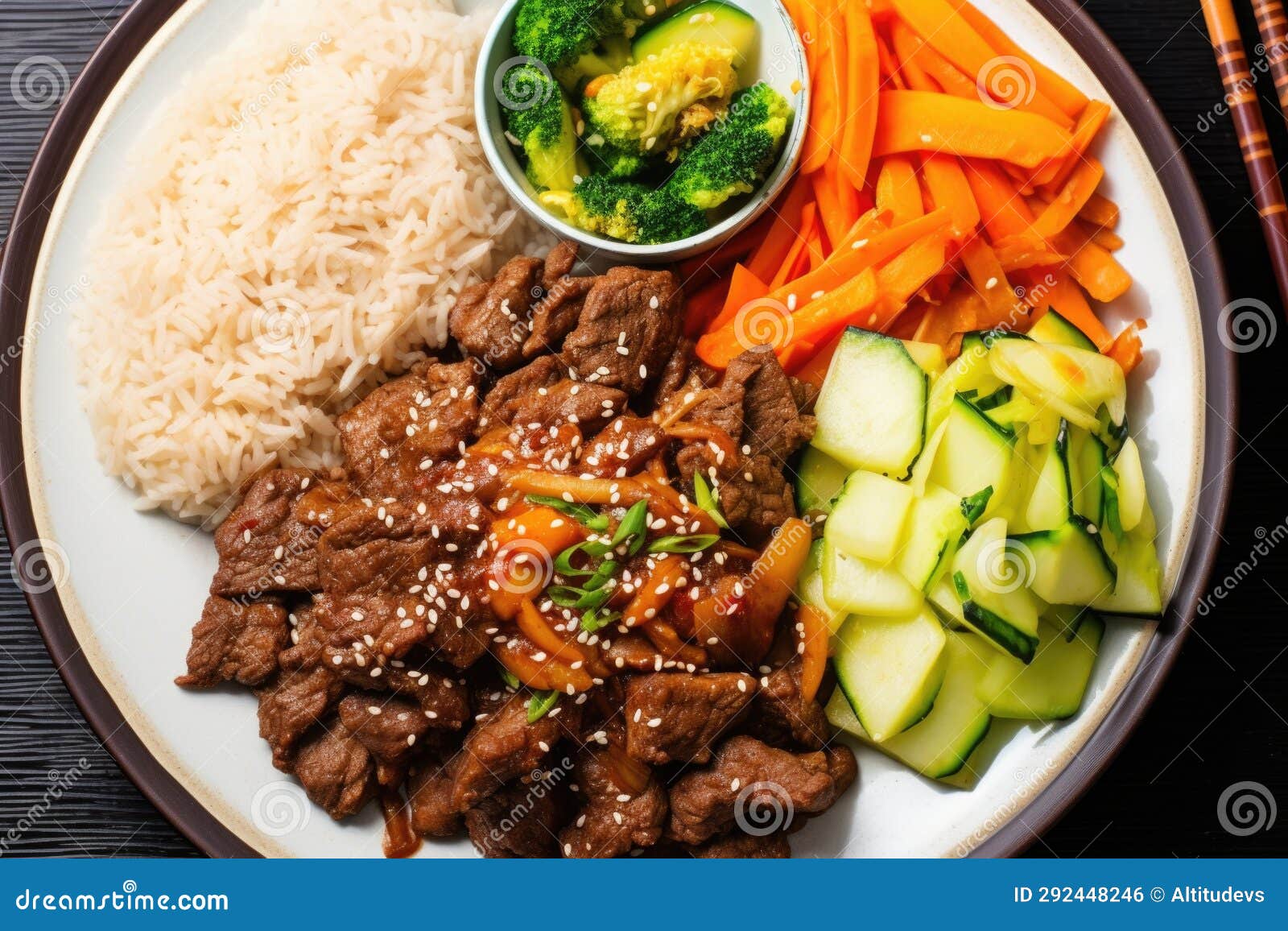 Overhead Shot of Bulgogi Beef, Rice, and Vegetables on a Plate Stock ...
