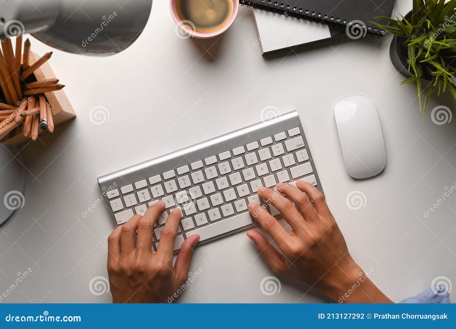Overhead Shot of Man Hands Typing on Wireless Keyboard. Stock Photo ...